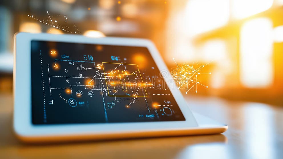 An Advanced Tablet Displays Intricate Blueprints while Sunlight Streams ...