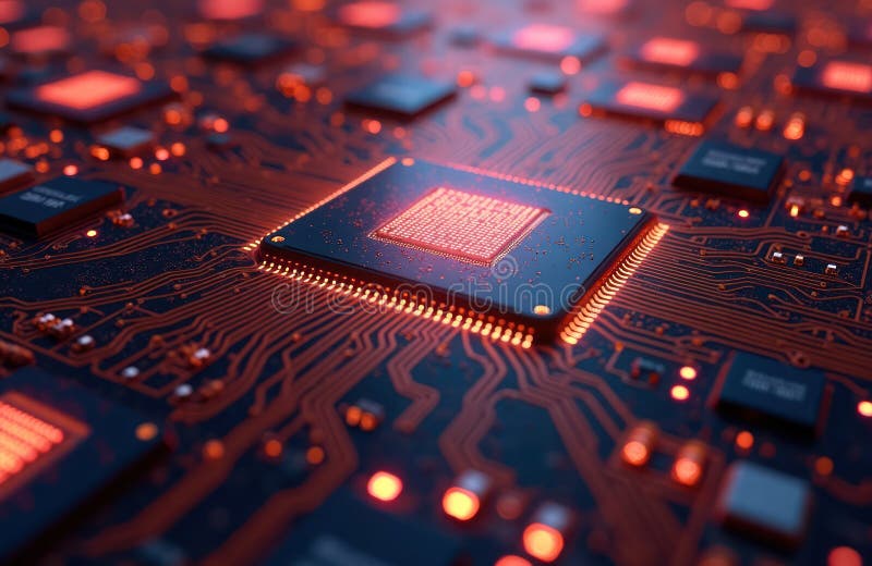 Advanced Tech Circuit Board Close-up. Processor Chip Highlighted with ...