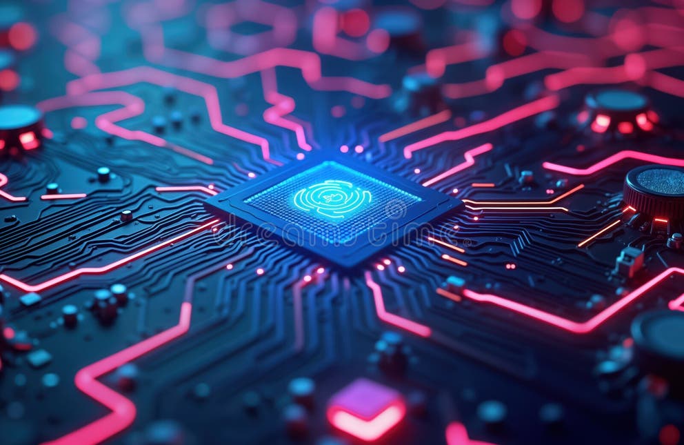 Advanced Tech Circuit Board Glows with Vibrant Neon Blue, Pink Lights ...