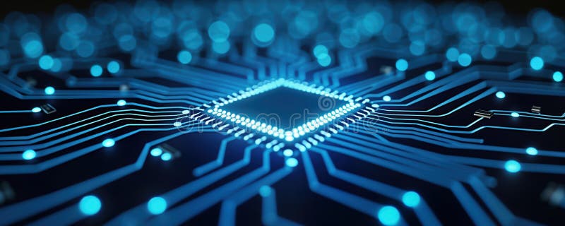Advanced Tech Circuit Board Illuminated in Vibrant Blue Light. Complex ...