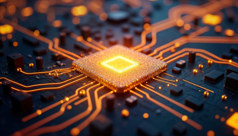 Advanced Tech CPU on Motherboard. Data Transfer with Orange Light ...