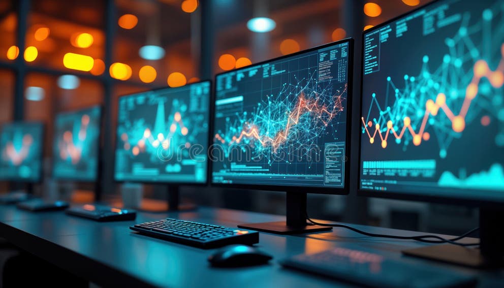 Advanced Tech Lab Shows Ai Drug Development. Multiple Screens Display Complex Data ...