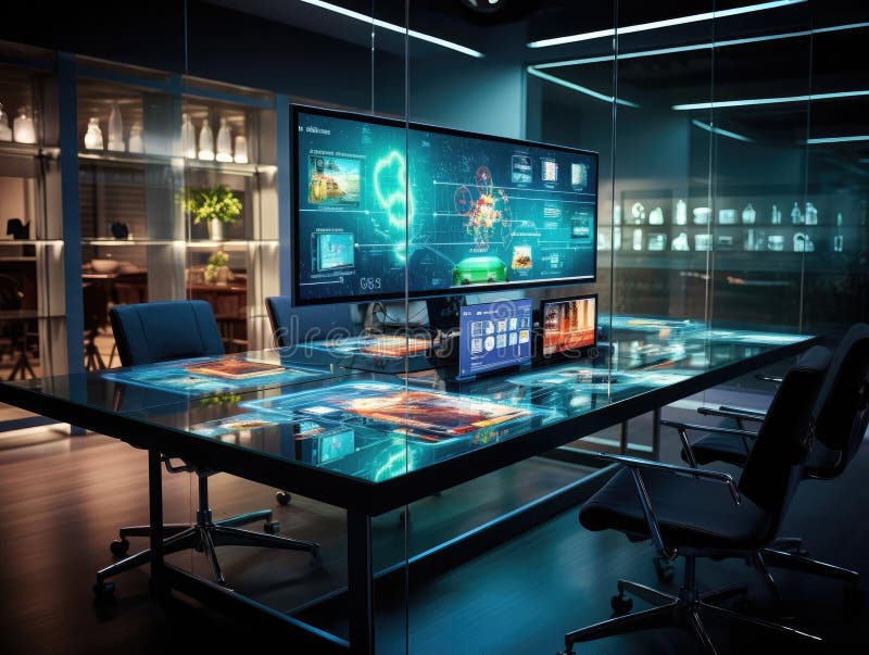 Advanced Tech Office with Holographic Screens Stock Illustration ...