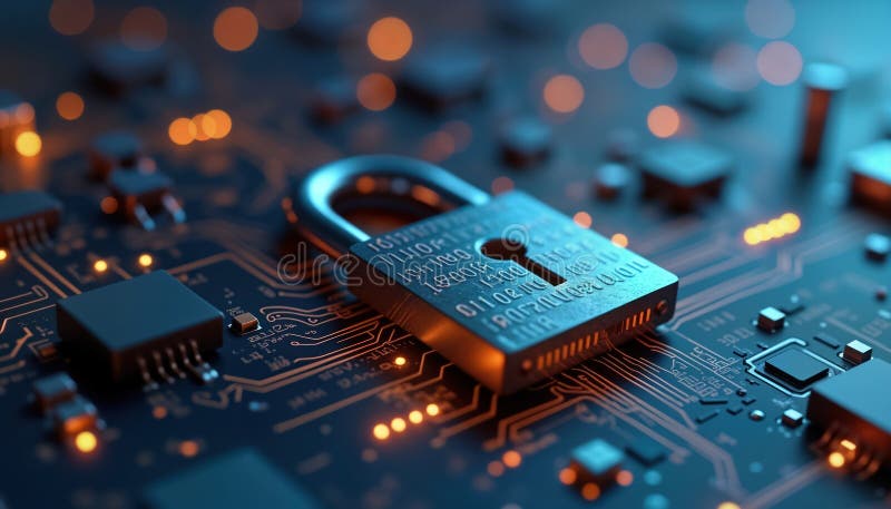 Advanced Tech Security Concept. Metal Padlock Sits on Circuit Board. Binary Code Visible on ...
