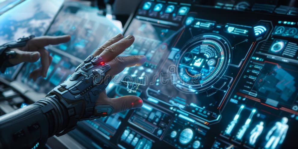 Advanced Tech User Engaging with a 3D Virtual Interface Stock ...