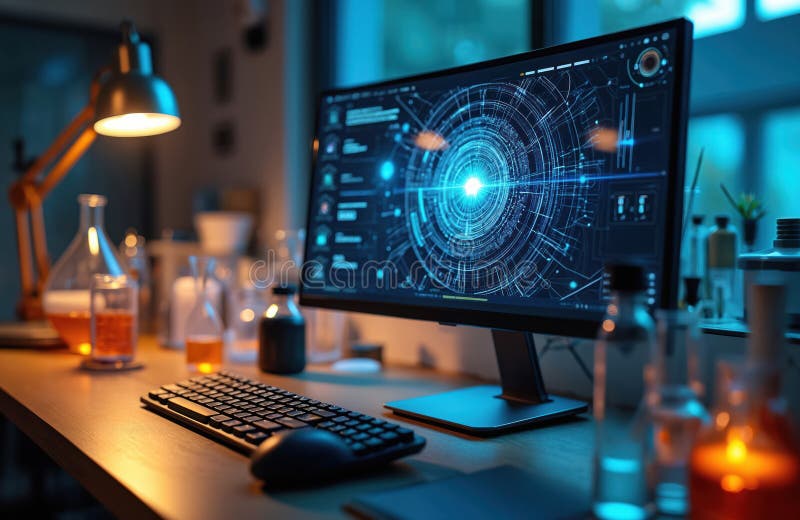 Advanced Tech Workstation Featuring Computer Monitor with Futuristic ...