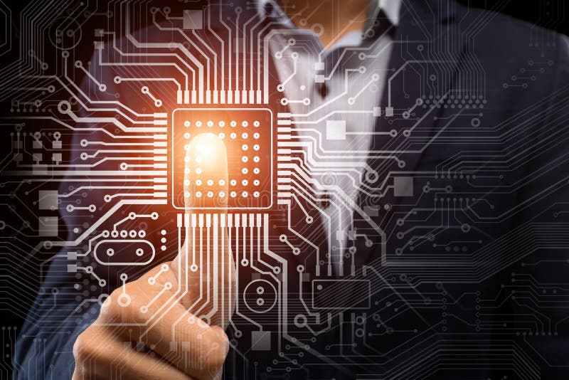 Advanced Technologies. Businessman Pushing Shiny Central Processing ...