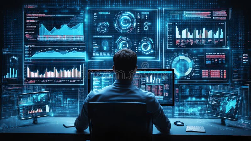Advanced Technology Analyst Monitoring Data on Futuristic Screens Stock ...