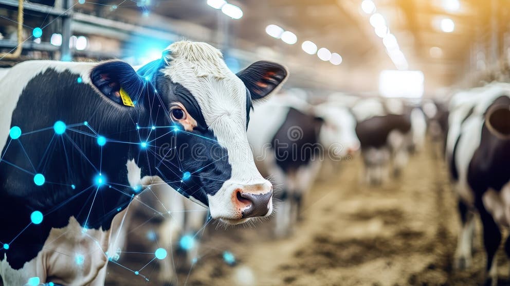 Technology Integration in Modern Dairy Farming with Cows in a Barn ...