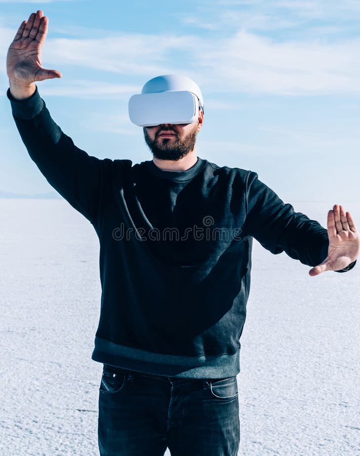 Advanced Technology and Innovation.Hipster Guy Trying VR Experience ...