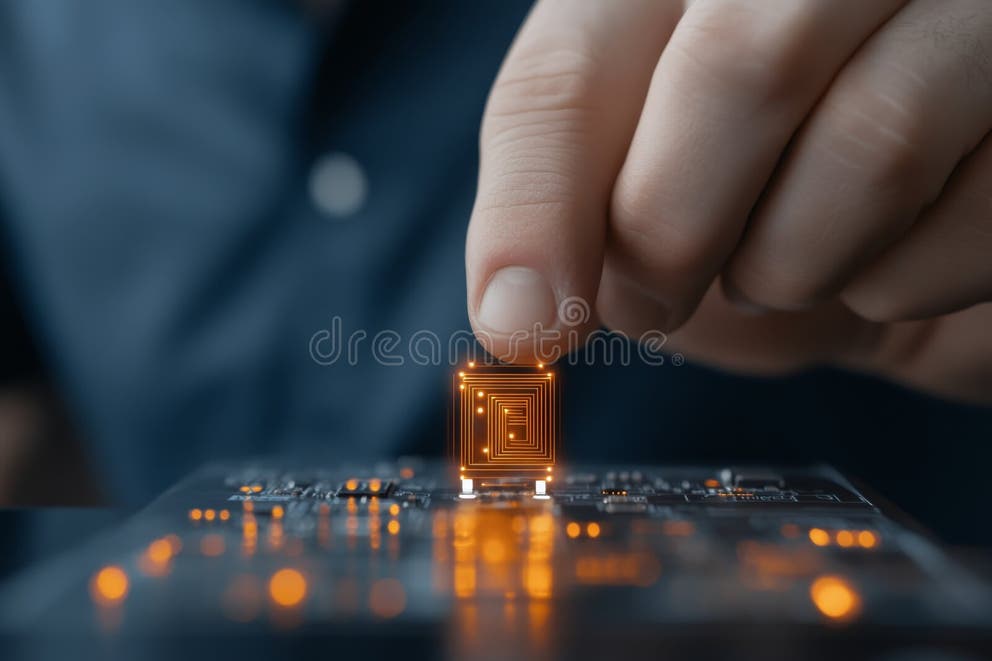 Advanced Technology Integration with Hand Placing a Microchip Onto a ...