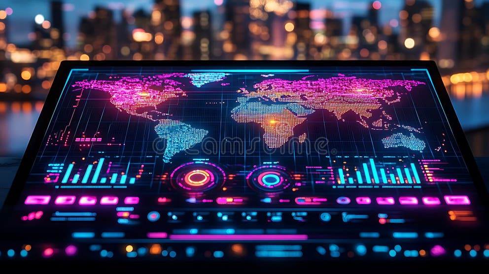 Futuristic Global Data Analysis Display Overlooking Illuminated Cityscape with Dynamic ...