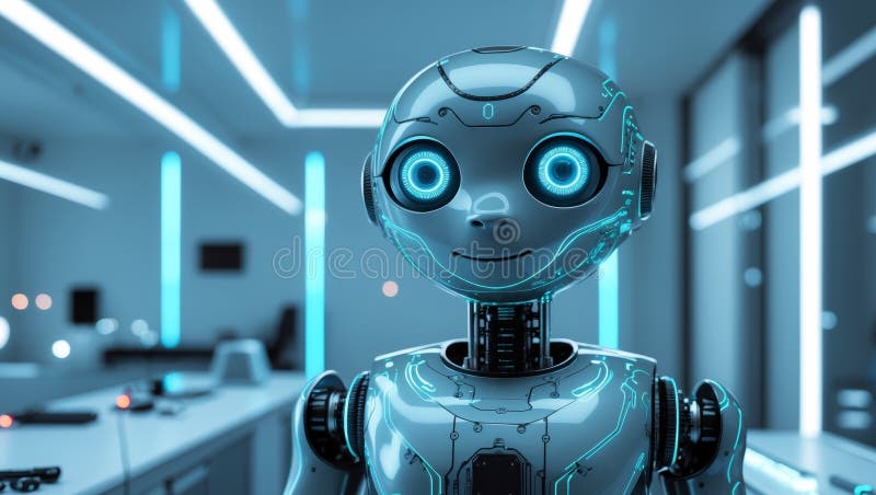 Advanced Technology Laboratory Featuring a Charming Robot and Blue Neon ...