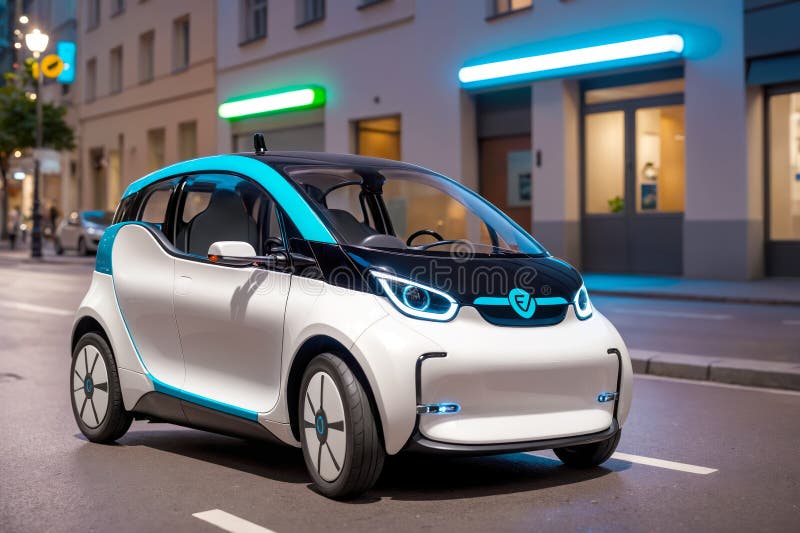 Advanced Technology Mini EV in a Urban Landscape, AI Generated Stock ...
