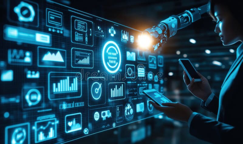 Advanced Technology with Robotic Hand Interacting on Futuristic Digital Interface Stock Photo ...