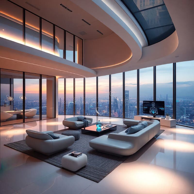 Luxury Living Room with Panoramic City View. Future Stock Illustration ...