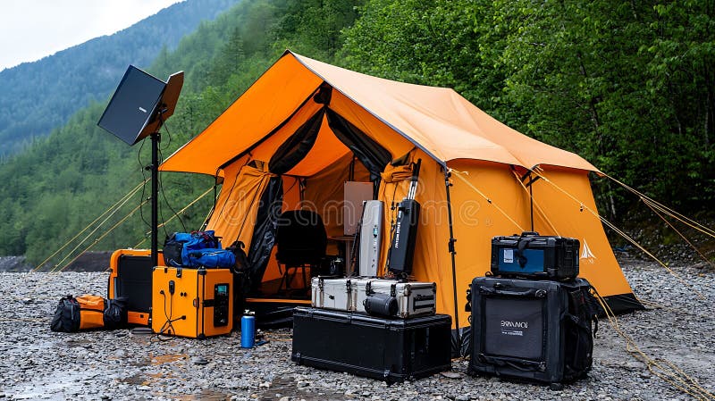 Advanced Tent Setup with Satellite Internet in Remote Location Stock ...