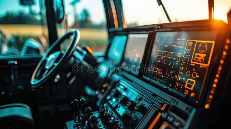 Advanced Tractor Control Panel with Touchscreen Displays Overlooking ...