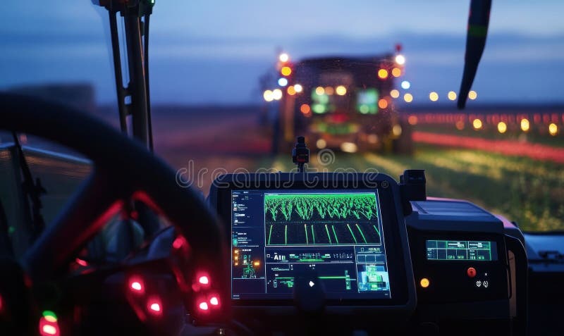Modern Farming Tractor with Digital Control Panel at Night Stock ...