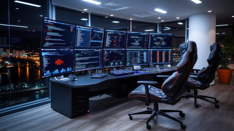 An Advanced Trading Desk Features Multiple Screens with Financial Data ...
