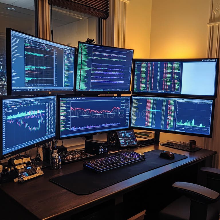 Dynamic Trading Workstation with Multiple Monitors Displaying Market ...