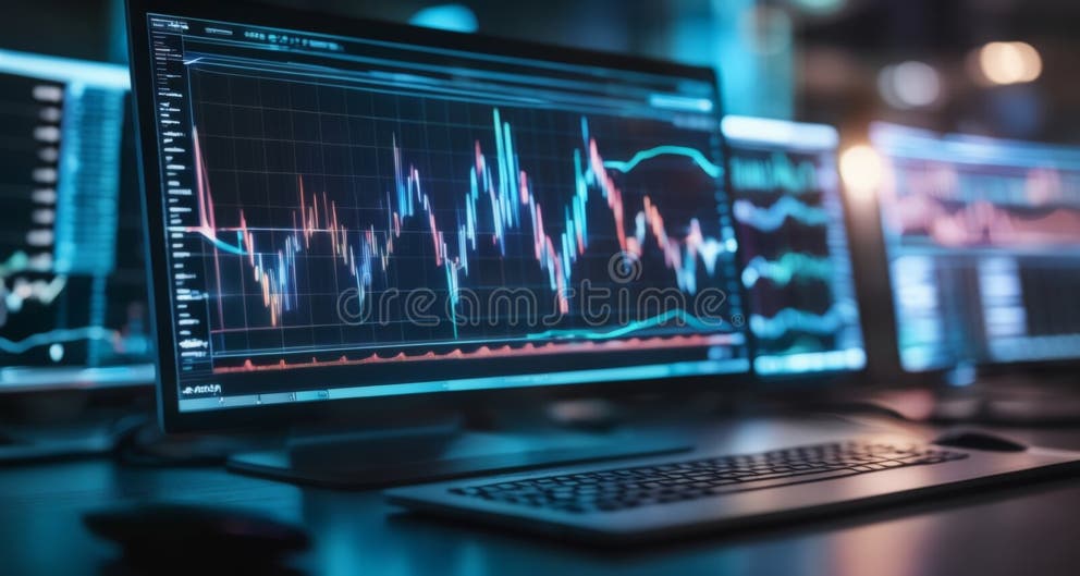 Advanced Trading Station with Multiple Monitors and a Sleek Keyboard ...