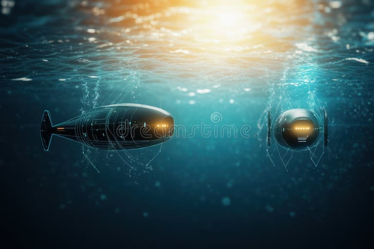 Advanced Underwater Drones Exploring Deep Ocean Environments at Sunset ...