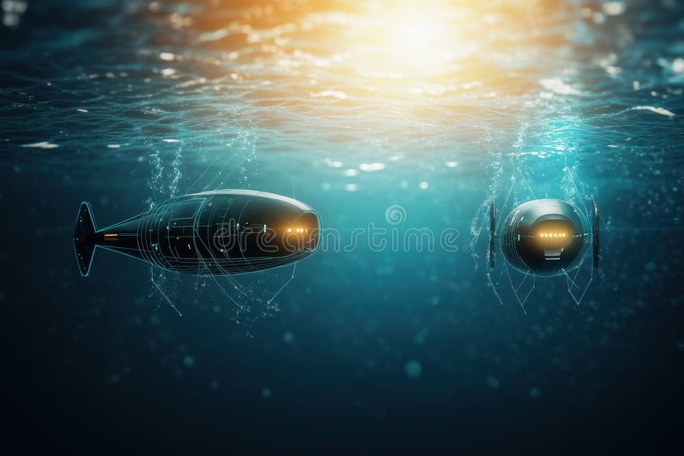 Advanced Underwater Drones Exploring Deep Ocean Environments at Sunset ...