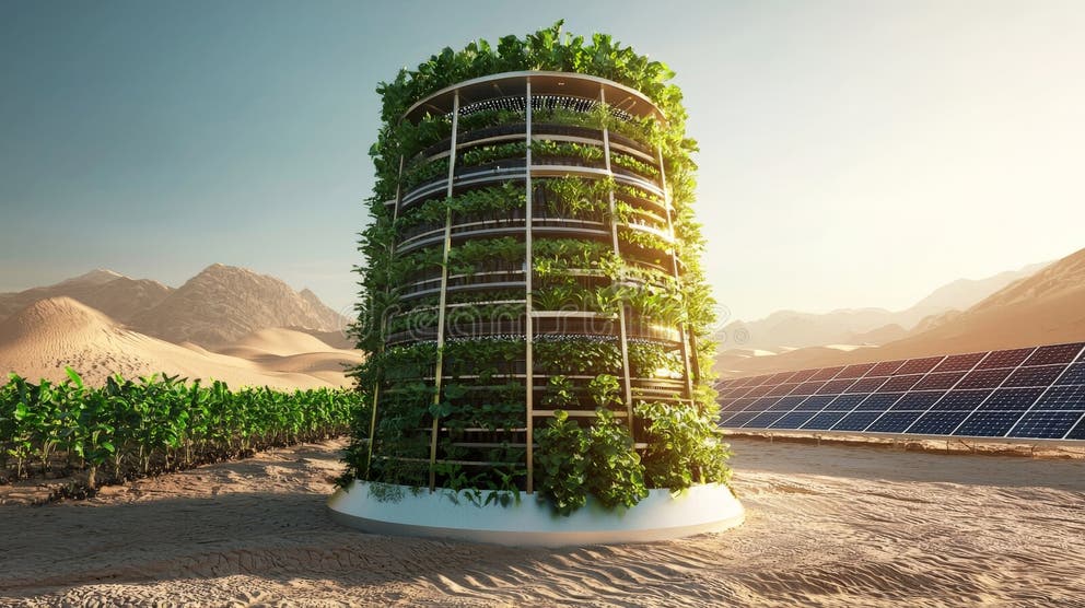 Advanced Vertical Farm and Solar Panel System in Desert Setting Stock ...