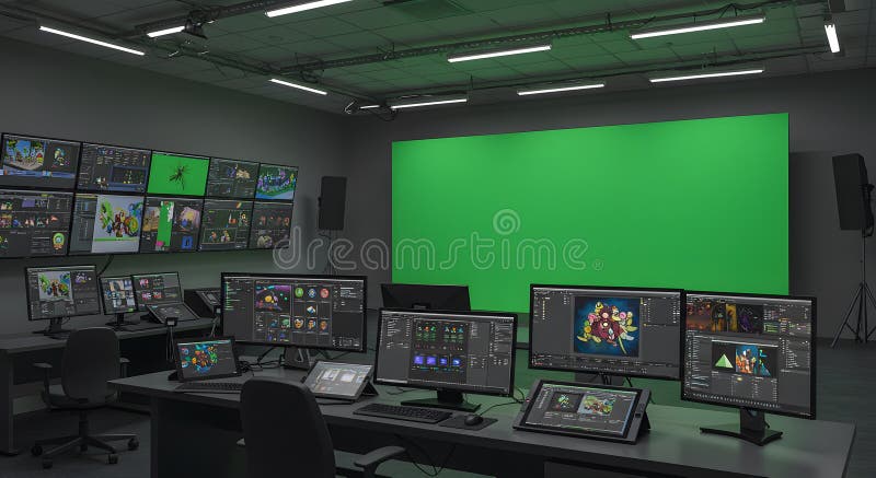 Advanced Video Editing Studio: High-Tech Control Room with Green Screen ...