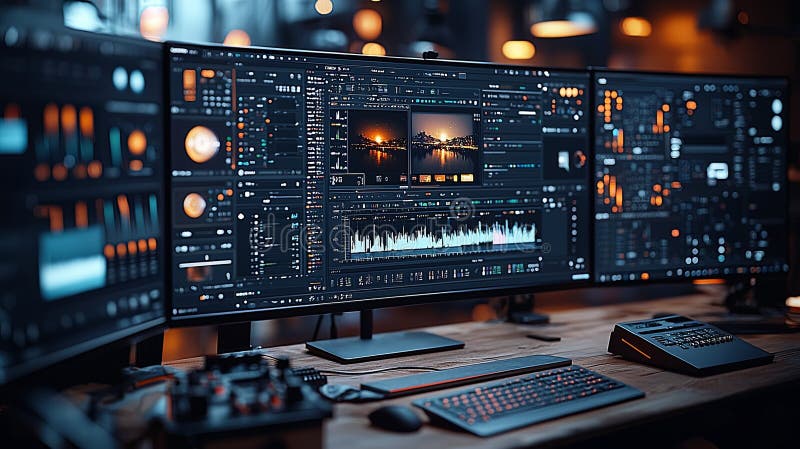 Advanced Video Editing Suite with Multiple Monitors Displaying Graphic ...
