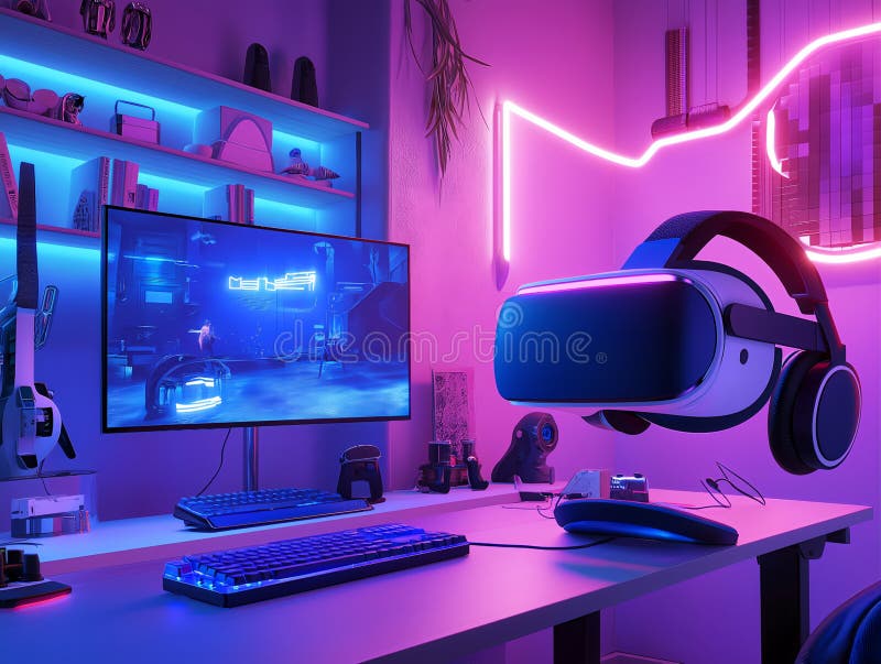 Advanced Virtual Reality Gaming Headset with Neon Backdrop Stock ...