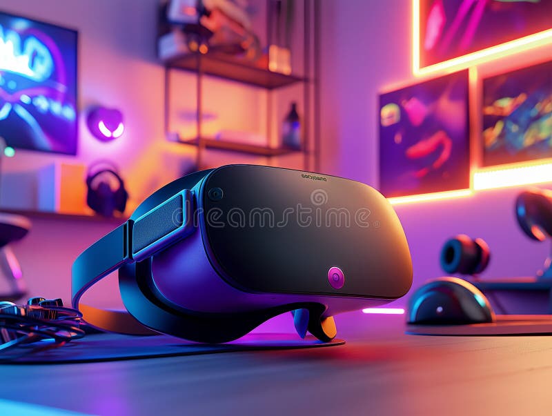 Advanced Virtual Reality Gaming Headset with Neon Backdrop Stock ...