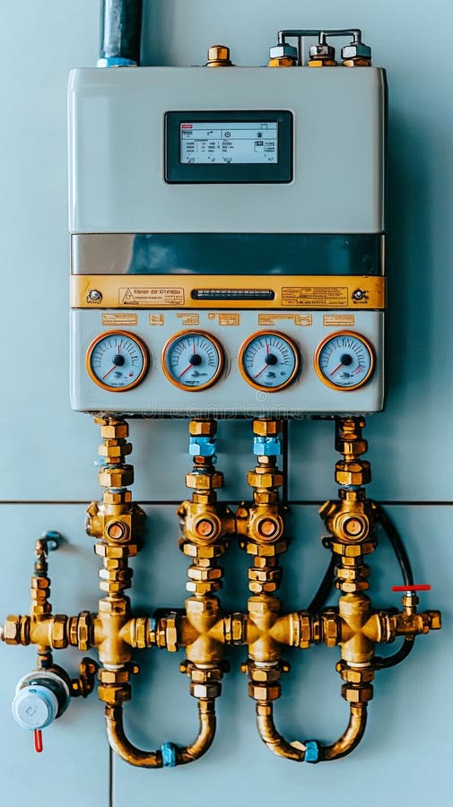 Water Control System Equipment Mounted on a Wall with Pressure Gauges ...