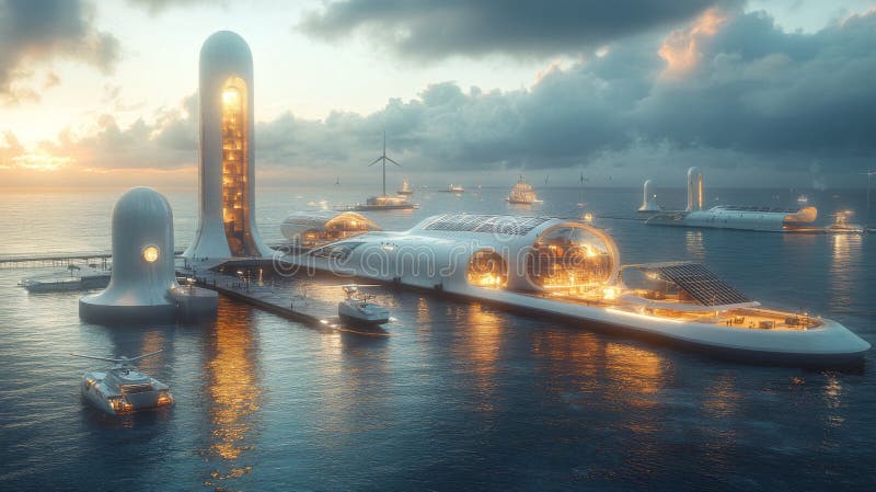 Futuristic Waterfront Facility at Dusk with Innovative Architecture and ...