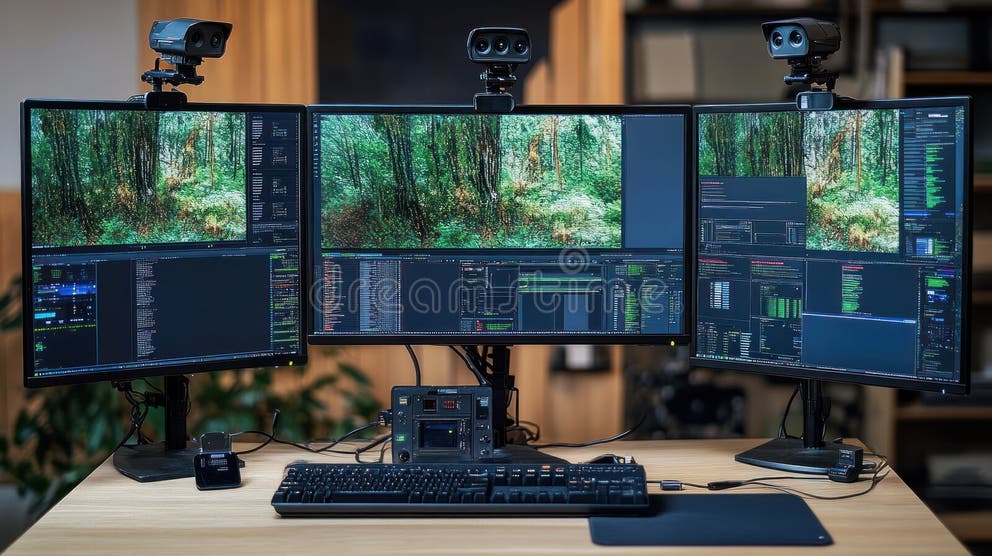 Advanced Workstation Setup Featuring Three Monitors Displaying Code, a ...