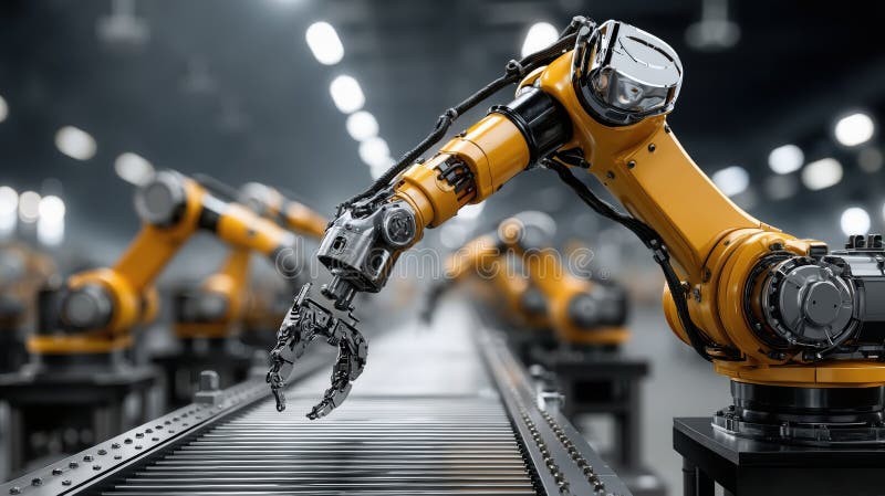 Advanced Yellow Robotic Arm in Automated Industrial Factory Setting ...