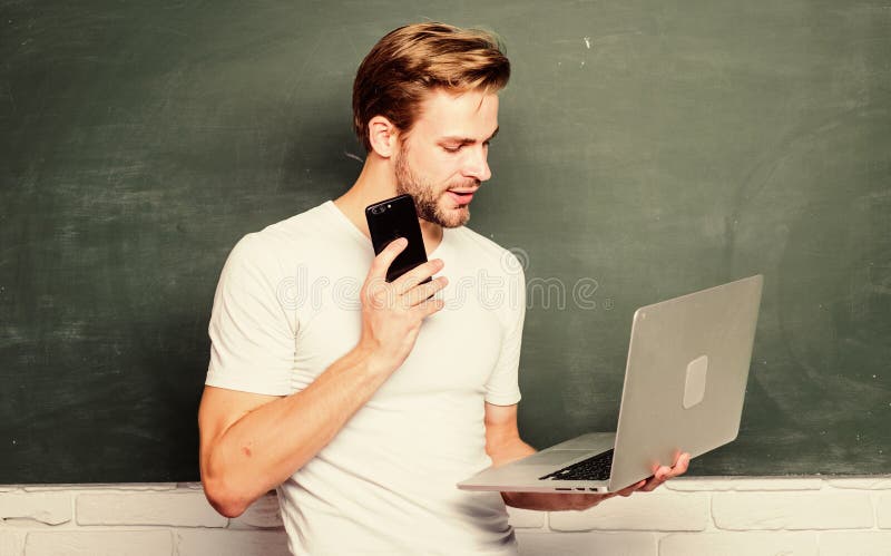 Advantage Mobile Internet. Handsome Man Use Modern Technologies ...