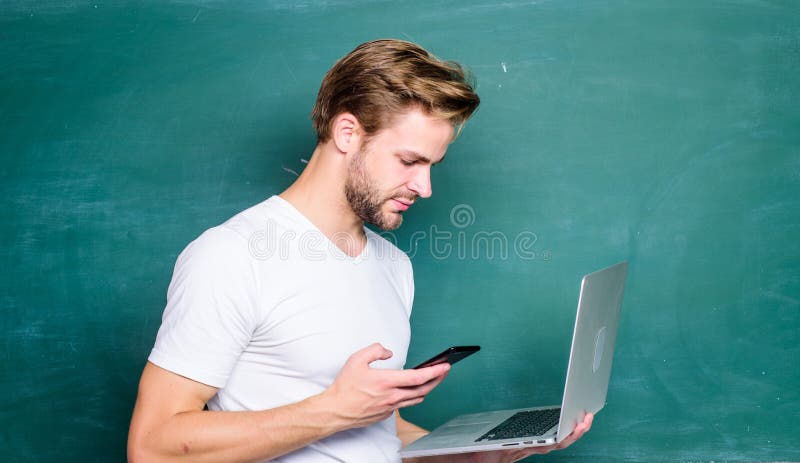 Advantage Mobile Internet. Handsome Man Use Modern Technologies ...