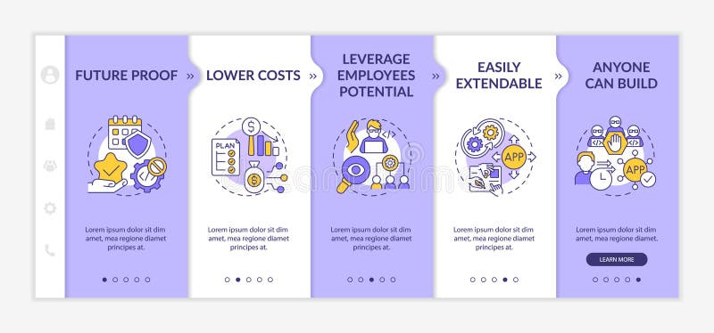 Advantages of No Code Purple and White Onboarding Template Stock Vector ...