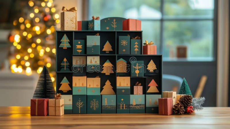 Advent Calendar with Gold and Green Decorated Boxes Stock Illustration ...