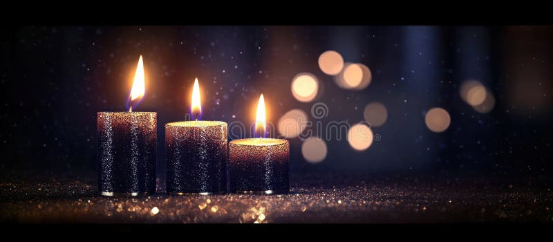 Advent Candles Burning with Glitter Flames and Abstract Lights in the ...