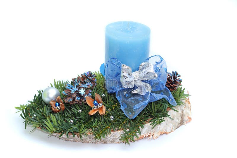 Advent Spray with Blue Candle on White Background Stock Image - Image ...