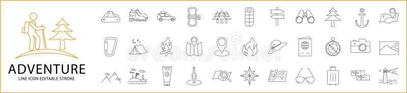 Adventure Icon Set in Line Style. Stock Vector - Illustration of ...