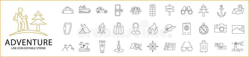 Adventure Icon Set in Line Style. Stock Vector - Illustration of ...