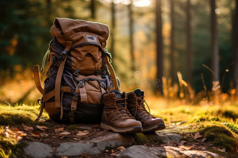 Adventure Awaits: Backpack and Hiking Boots in Forest Light. Generative ...