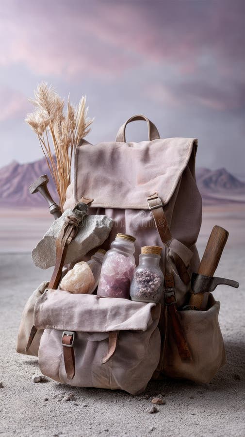 Adventure Backpack with Geological Tools and Specimens in Desert ...