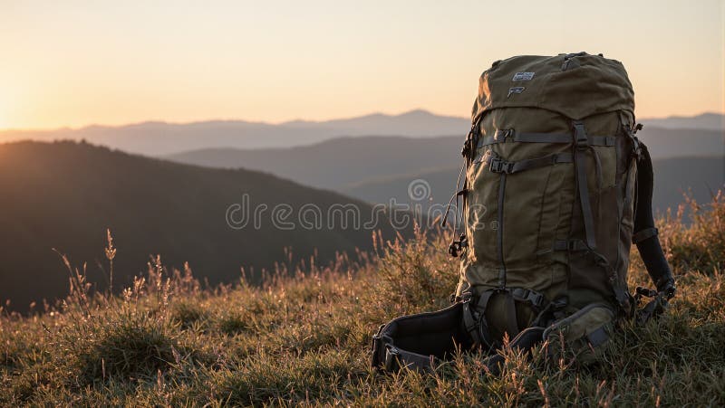 Adventure Backpack on Grassy Hilltop at Sunset with Distant Mountains ...