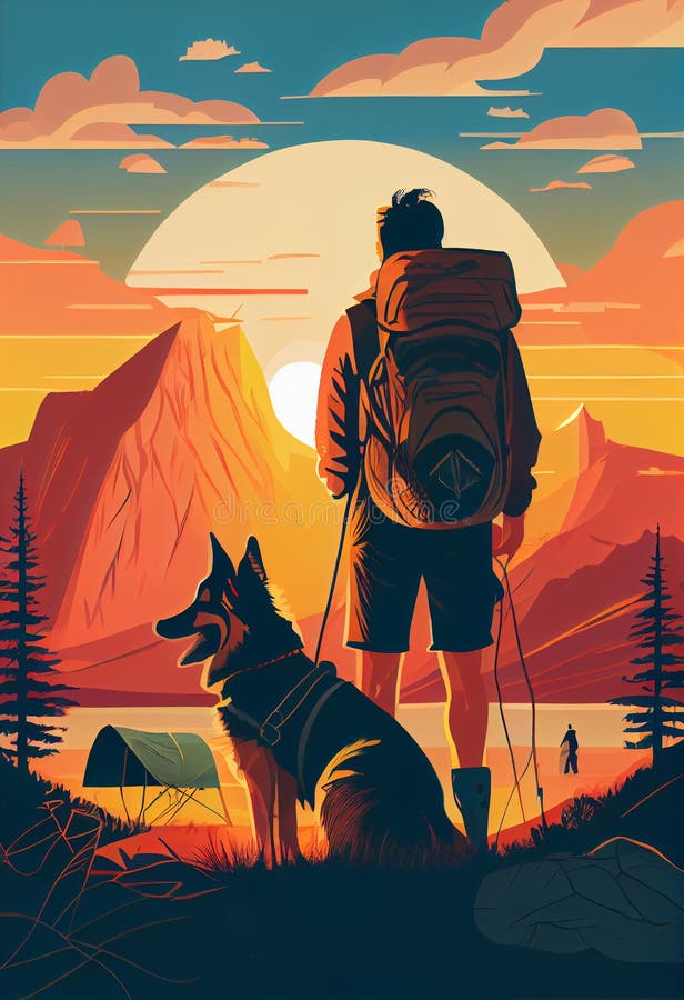 Adventure Backpacker Camping with Dog in Woods Outdoors, Looking at ...