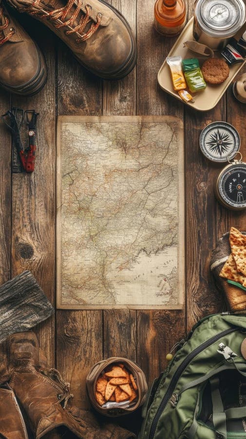 Adventure Essentials, a Flat Lay of Hiking Gear and Snacks Stock Image ...